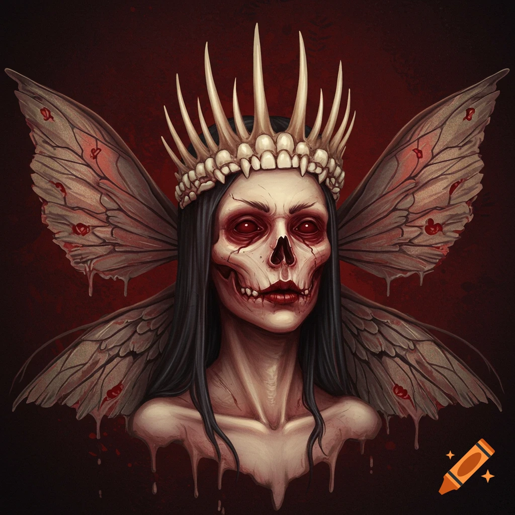 Portrait of a horror fairy with a skull face, red eyes, crown of teeth ...