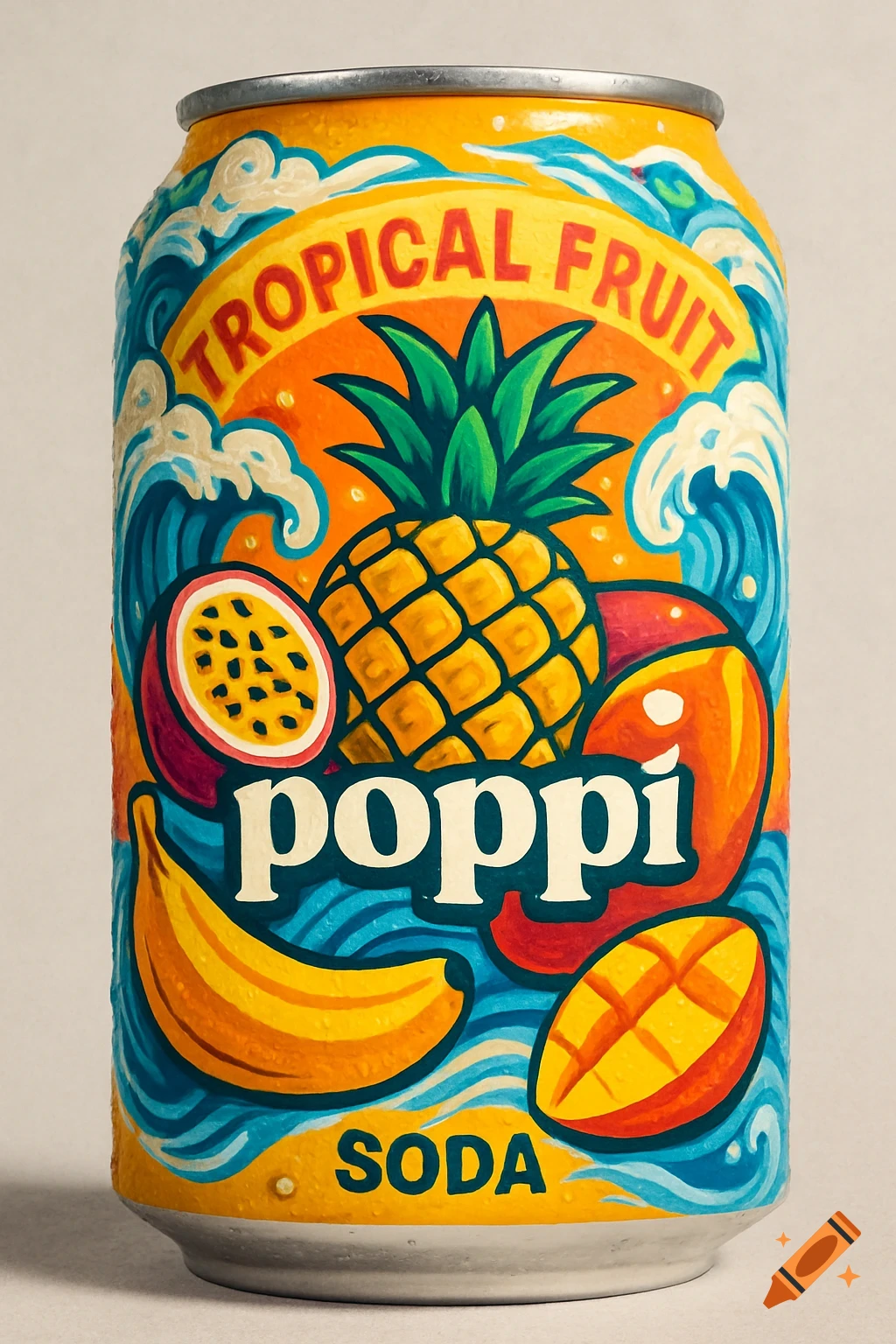 Close-up illustration of a 'poppi' soda can with a label depicting ...