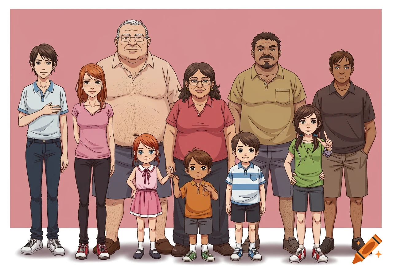An anime-style illustration of a large diverse family standing together ...