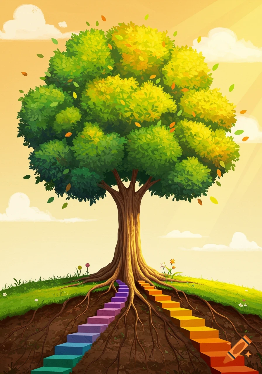 Bright illustration of a tree with roots turning into rainbow steps ...