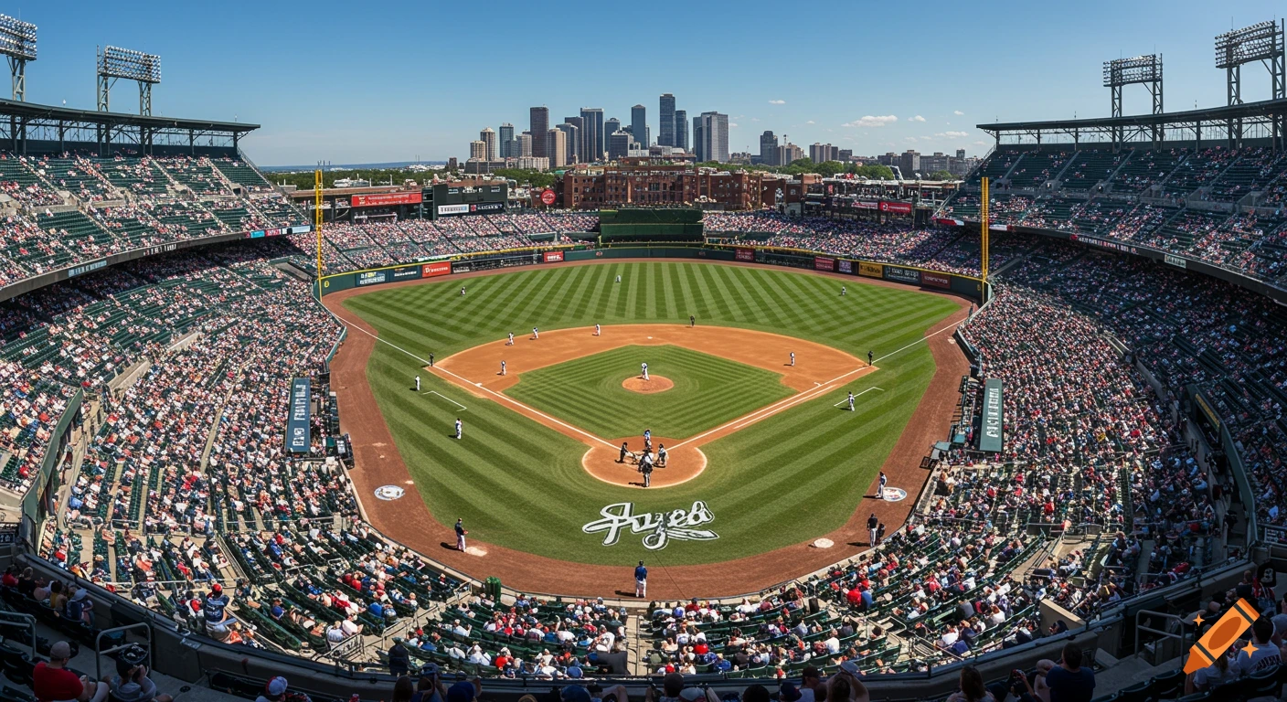 Panoramic photo of a baseball game from outfield seats with crowd ...