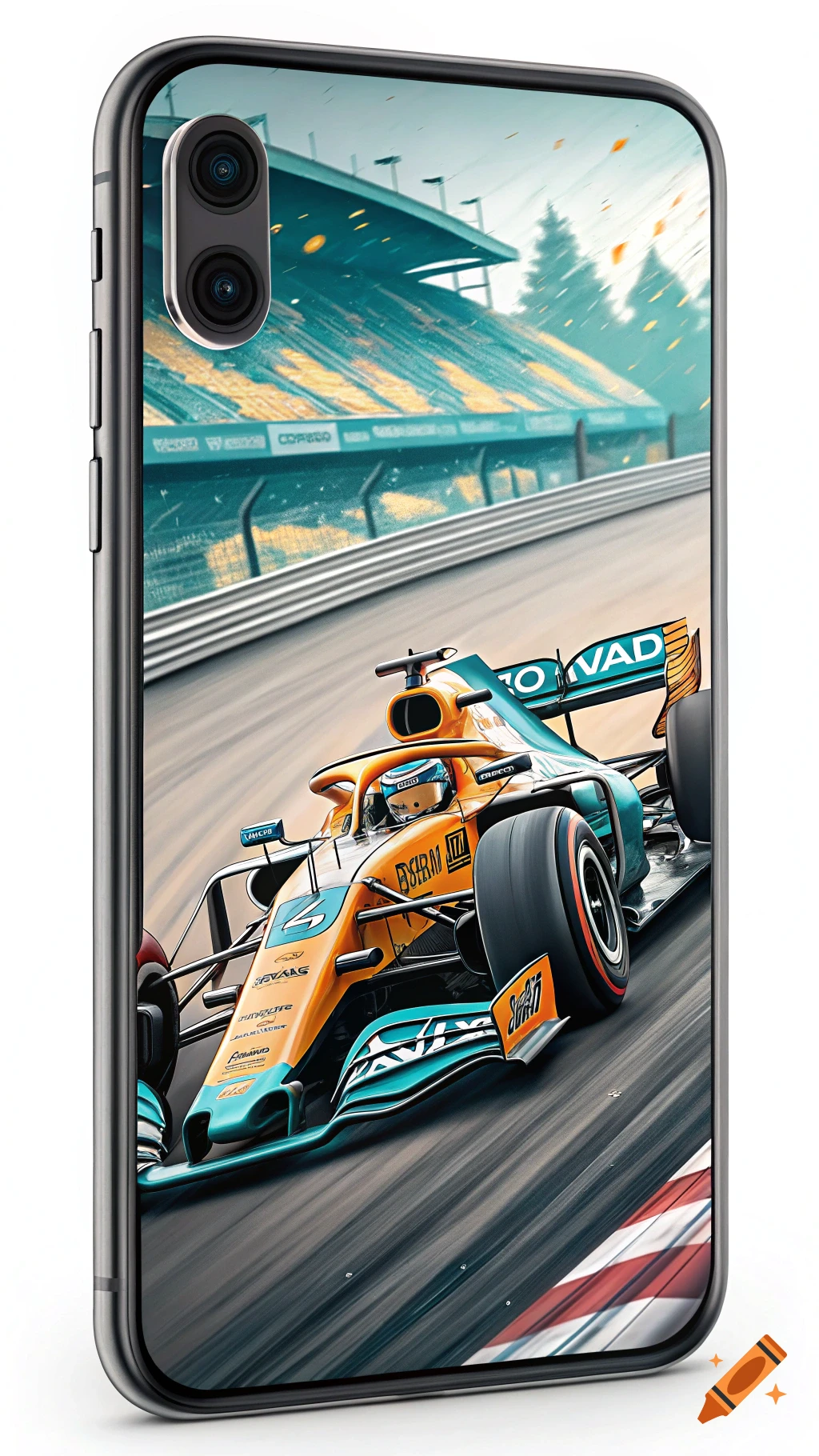 Stylized racing shot of an orange and blue F1 car on a track within a ...