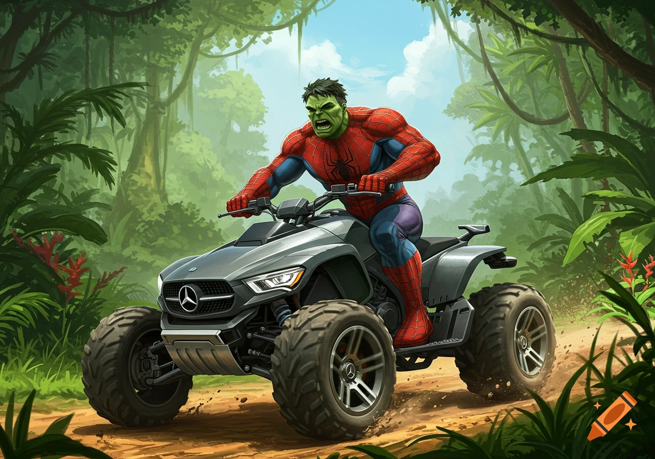 Hulk in a Spider-Man suit rides a Mercedes quad bike through a jungle ...