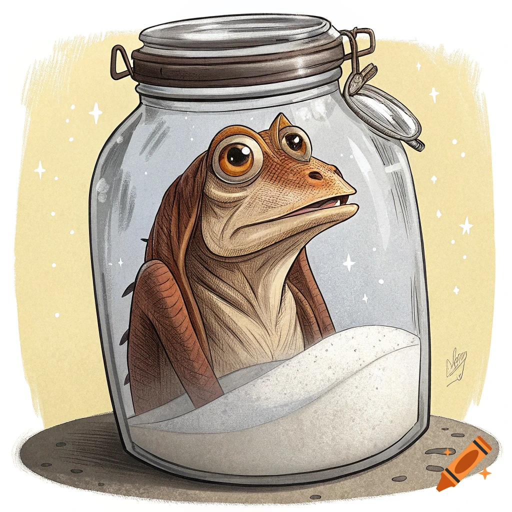 Illustration of Jar Jar Binks inside a glass jar on Craiyon