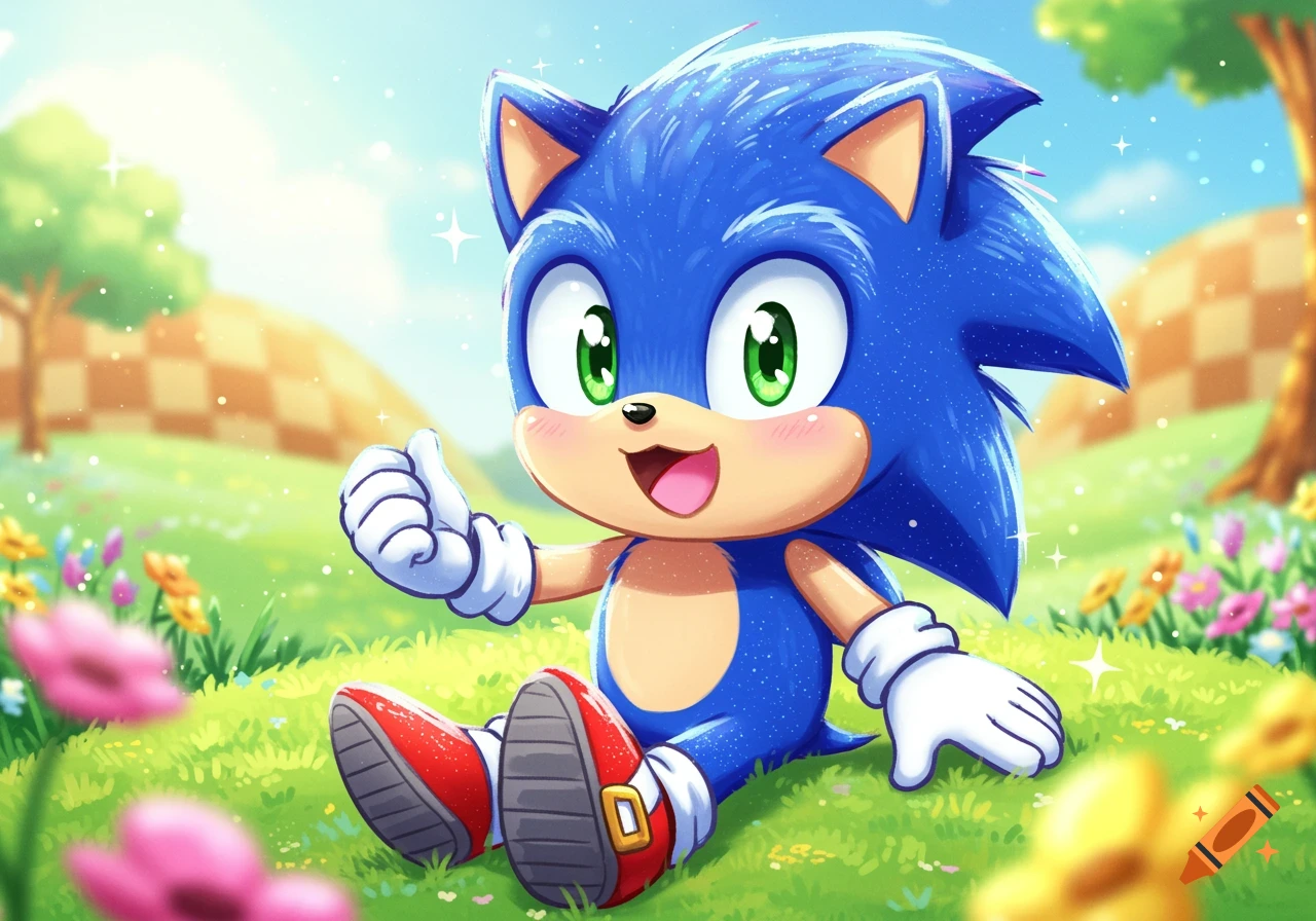 Cute, sparkly Sonic the Hedgehog giving a thumbs up in a grassy field ...
