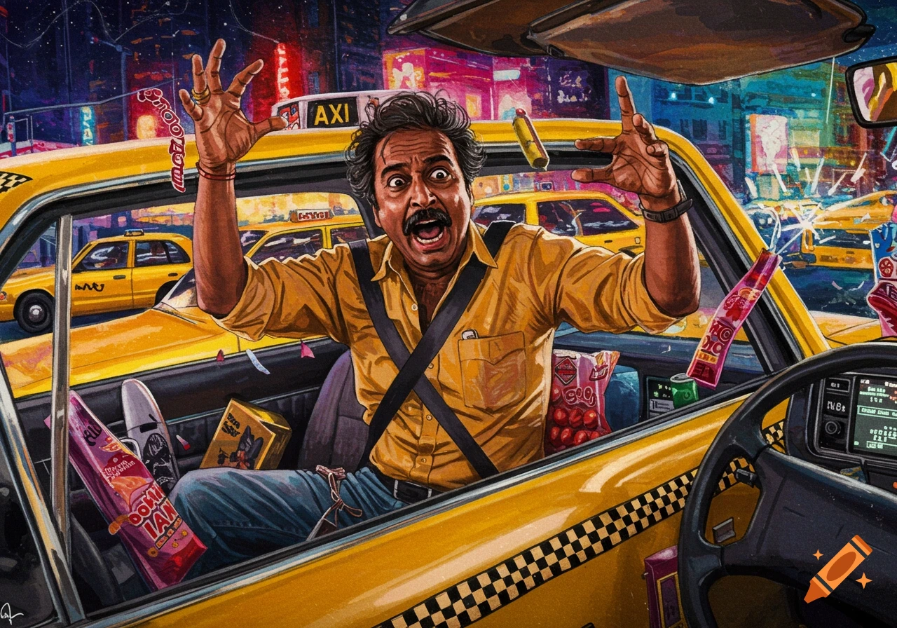 Illustration of a surprised cab driver in a messy taxi cab in a vibrant ...