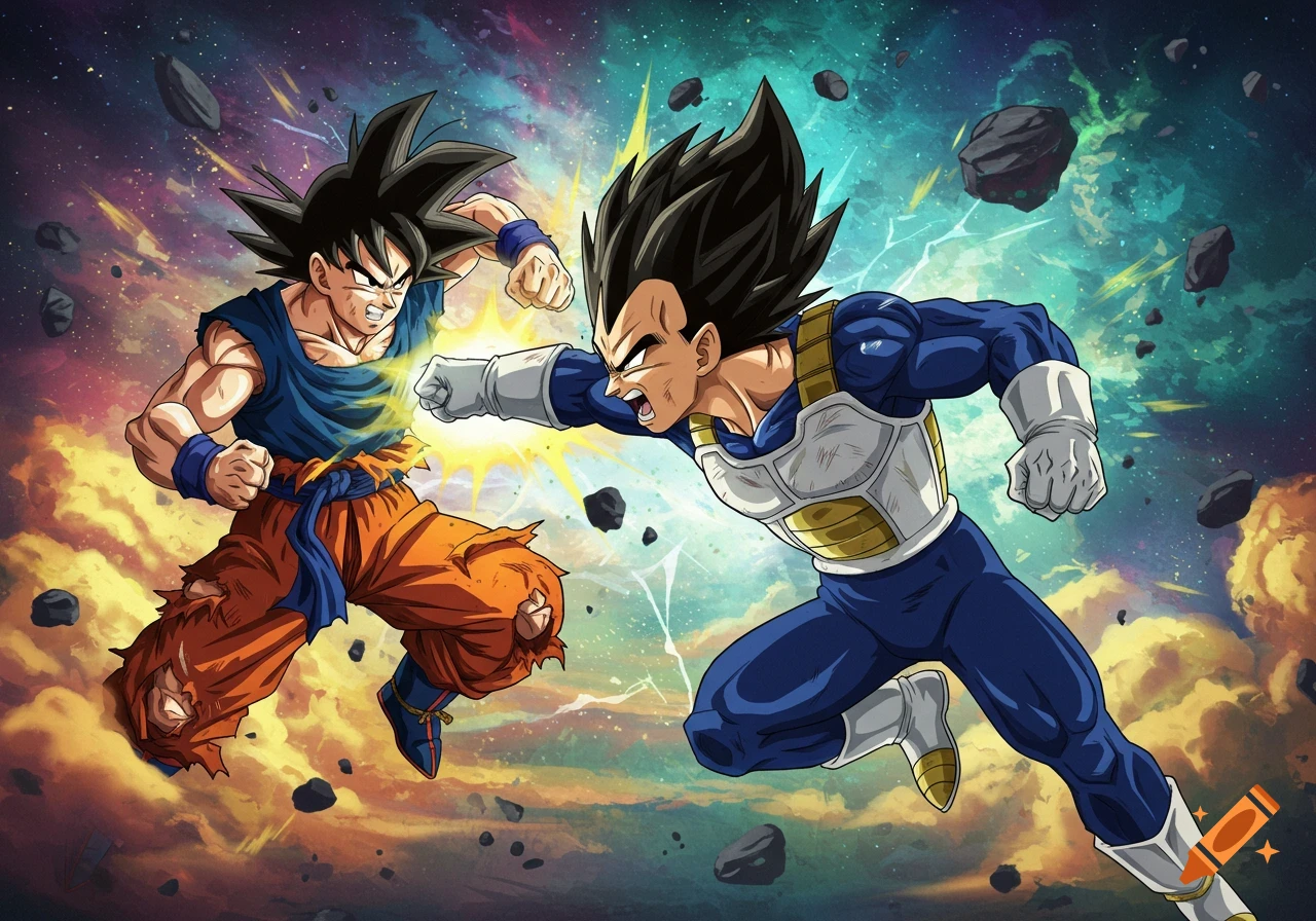Anime illustration of Goku and Vegeta punching each other in space on ...