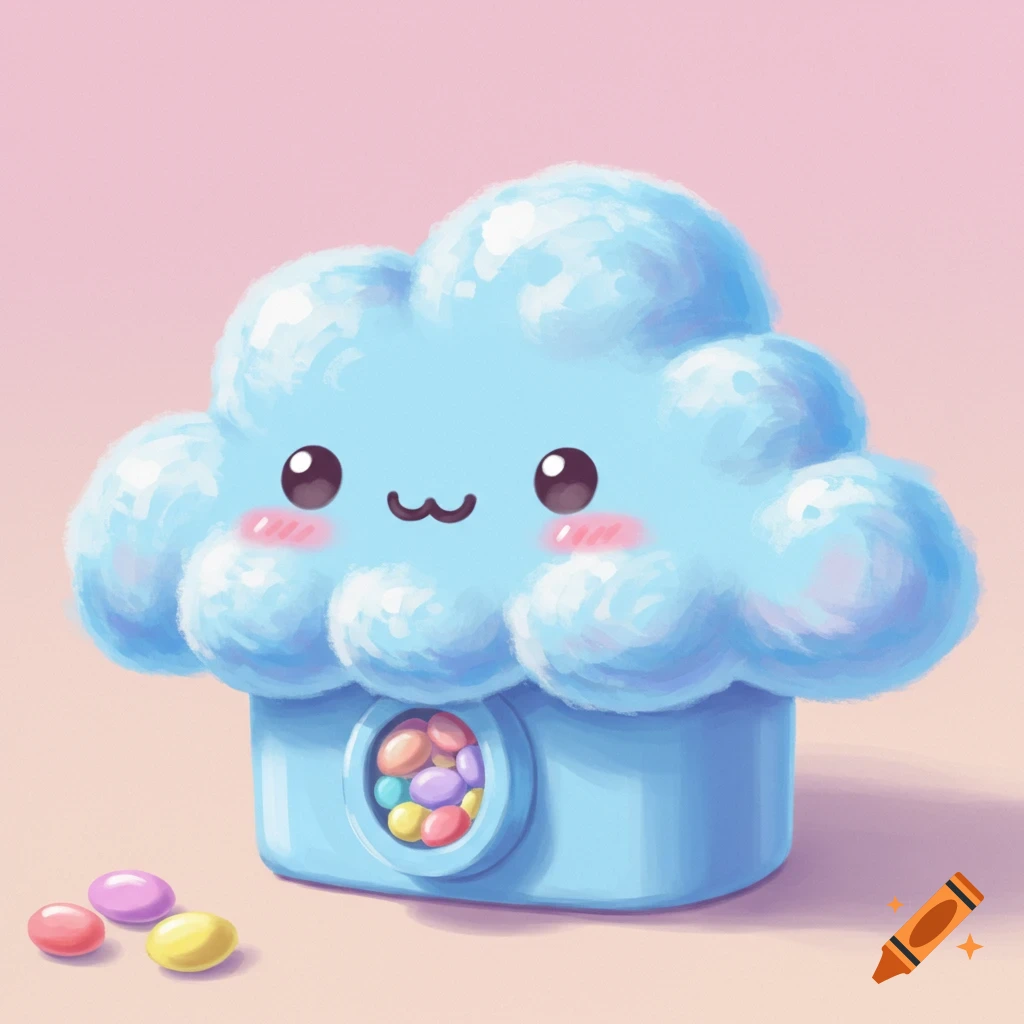Cute cloud candy dispenser with colorful candies, illustration on Craiyon