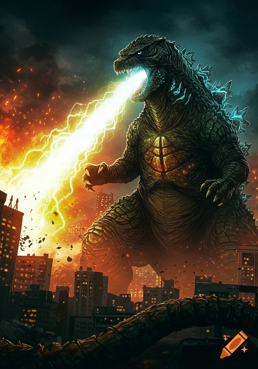 Godzilla stands tall in a destroyed city, breathing bright atomic ...
