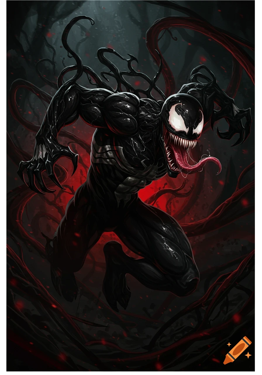 Venom lunges forward, surrounded by dark red tendrils in a dynamic pose ...