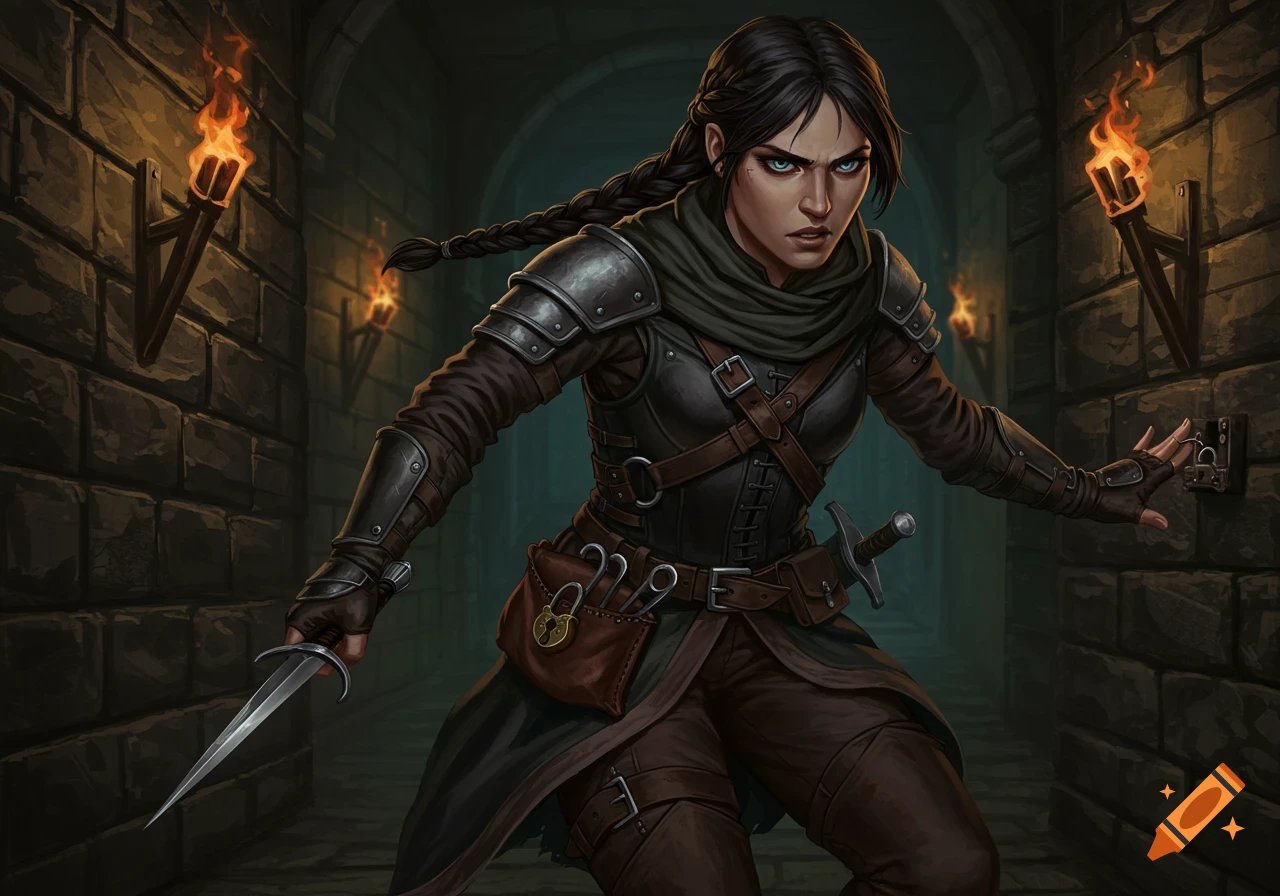 A female fantasy rogue in a dungeon, holding a dagger and reaching for ...