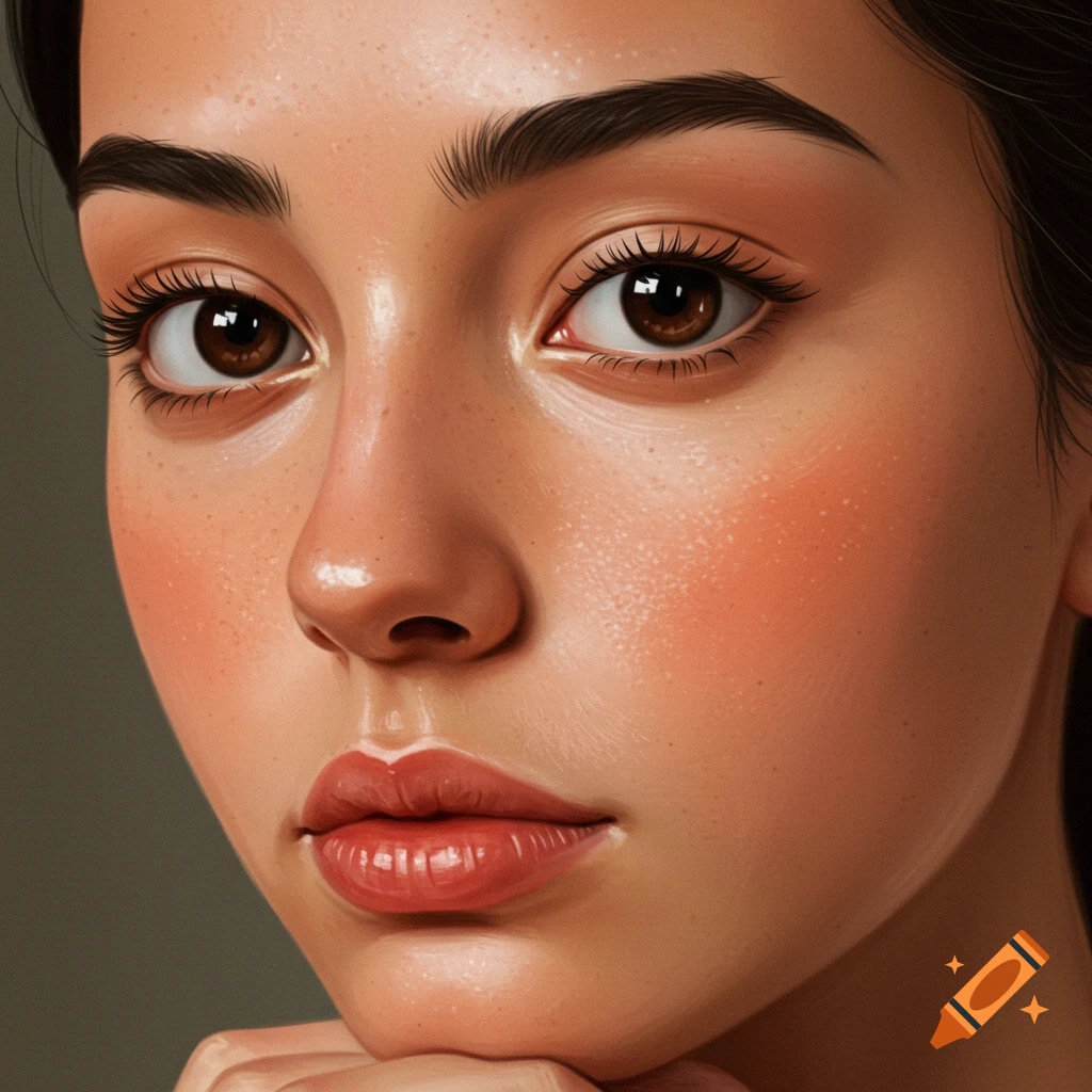 Close-up portrait of a woman's face with detailed, glossy skin and ...