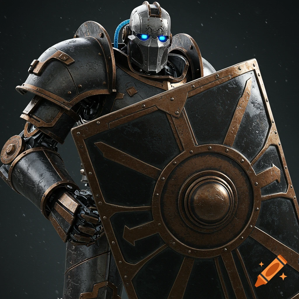 A dark, armored robot with glowing blue eyes holds a large, ornate ...