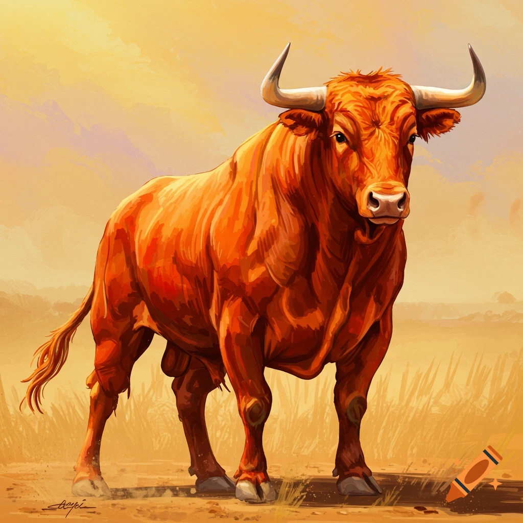 Vibrant orange bull standing in a sunny field, illustration style. on ...