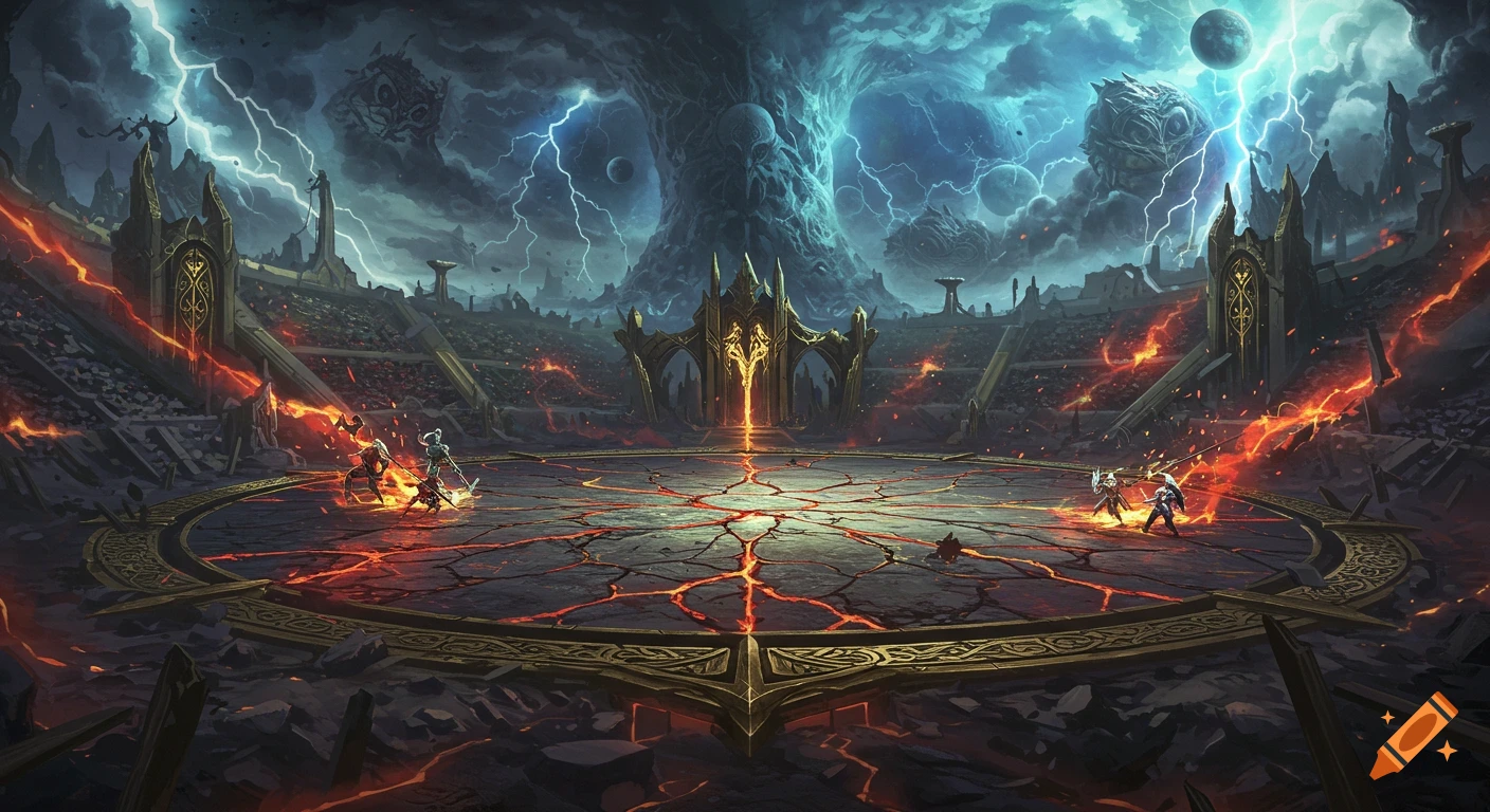 Dramatic fantasy battle arena with two sets of fighters, lightning ...