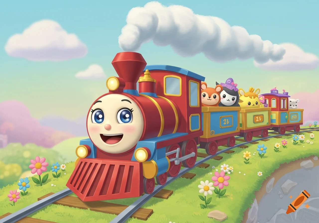 A cartoon train with a smiling face carries cute animals through a ...