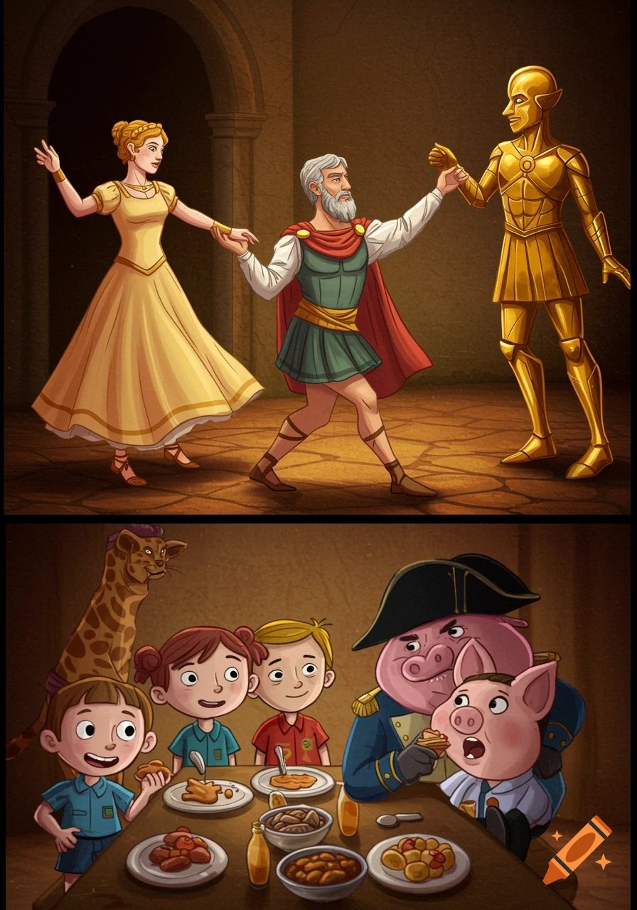 Illustration showing two panels. Top: Figures dancing in a room. Bottom ...