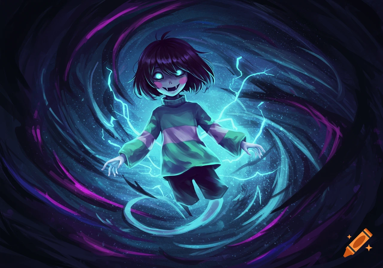 Chara from Undertale in a dark void with swirling energy. on Craiyon