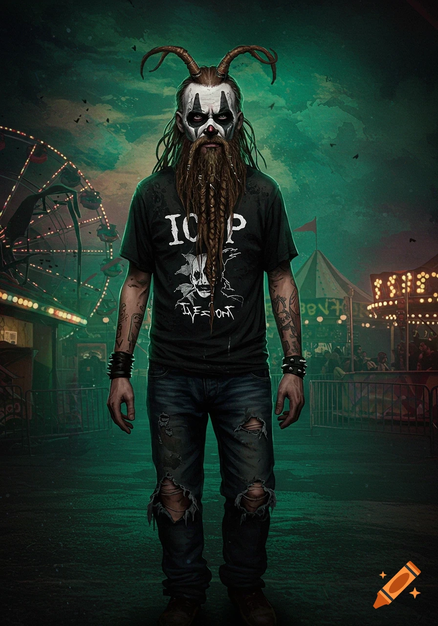 A person with clown makeup, horns, and a braided beard stands in front ...