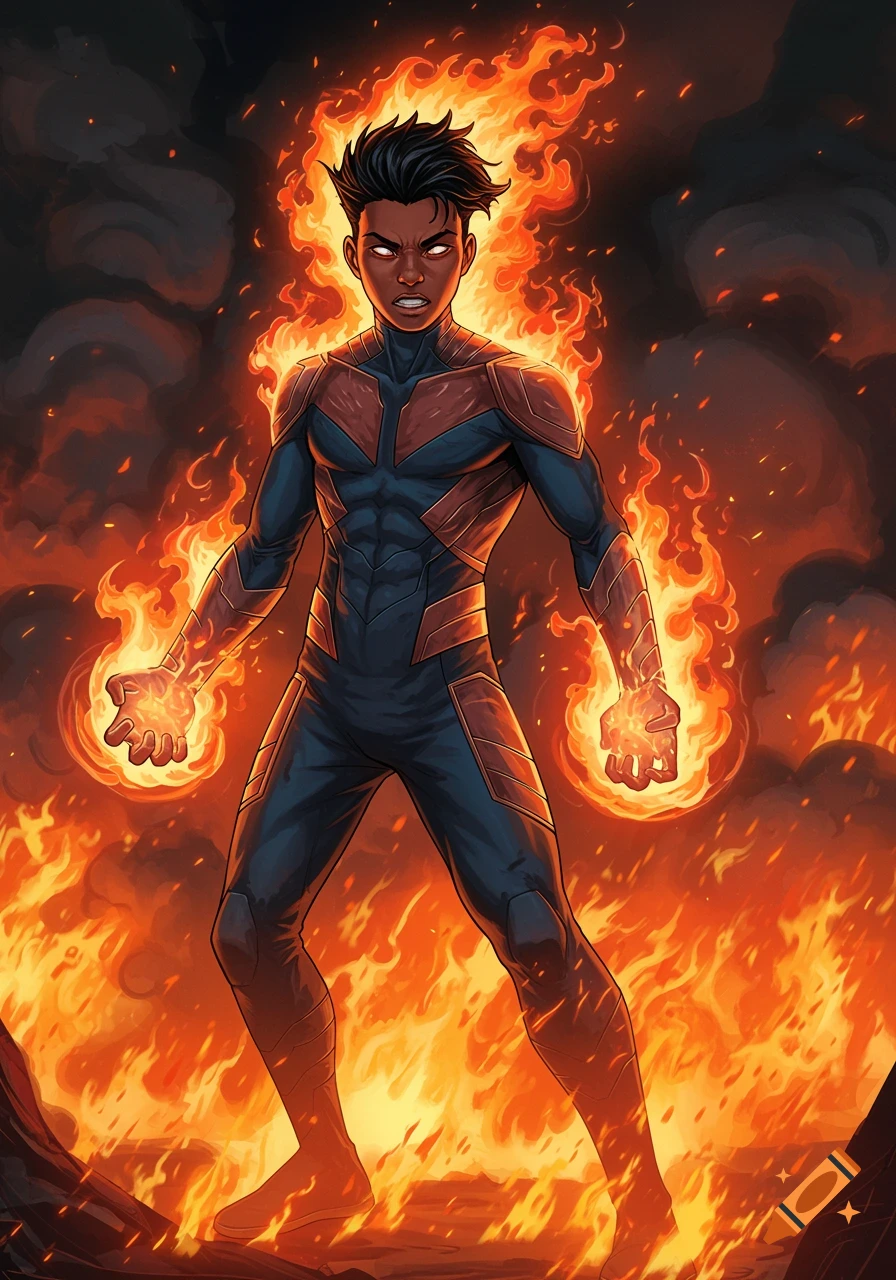 A young male superhero surrounded by fire, wearing a dark and red suit ...