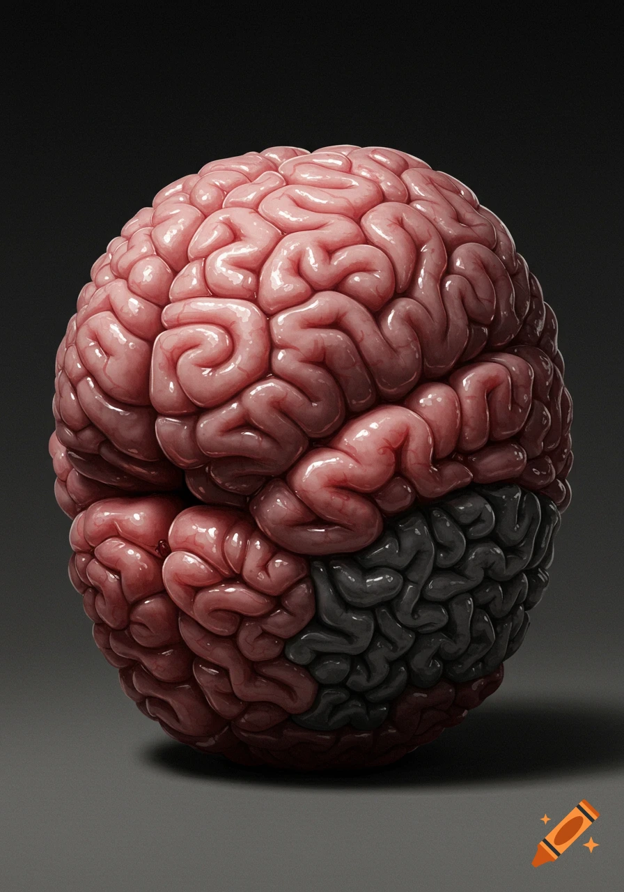 A sphere made of brain matter, half pink and half dark gray. on Craiyon
