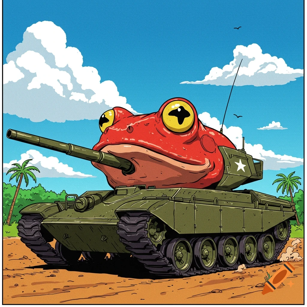 A red frog head on a green tank drives on a dirt road in a tropical ...