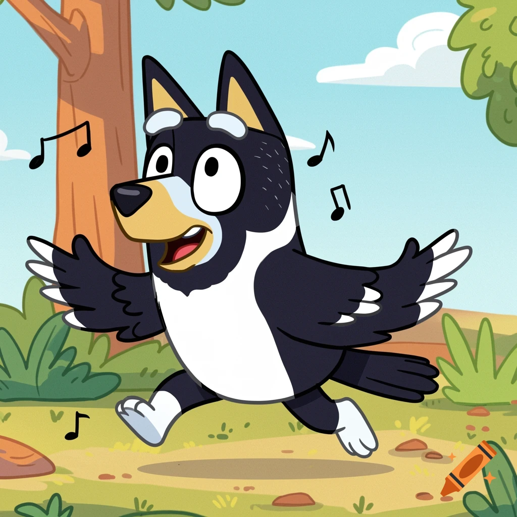 Cartoon magpie-styled dog running and singing outdoors in Bluey style ...