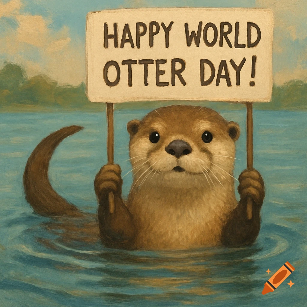 A cute otter in water holds a sign that says 'HAPPY WORLD OTTER DAY ...