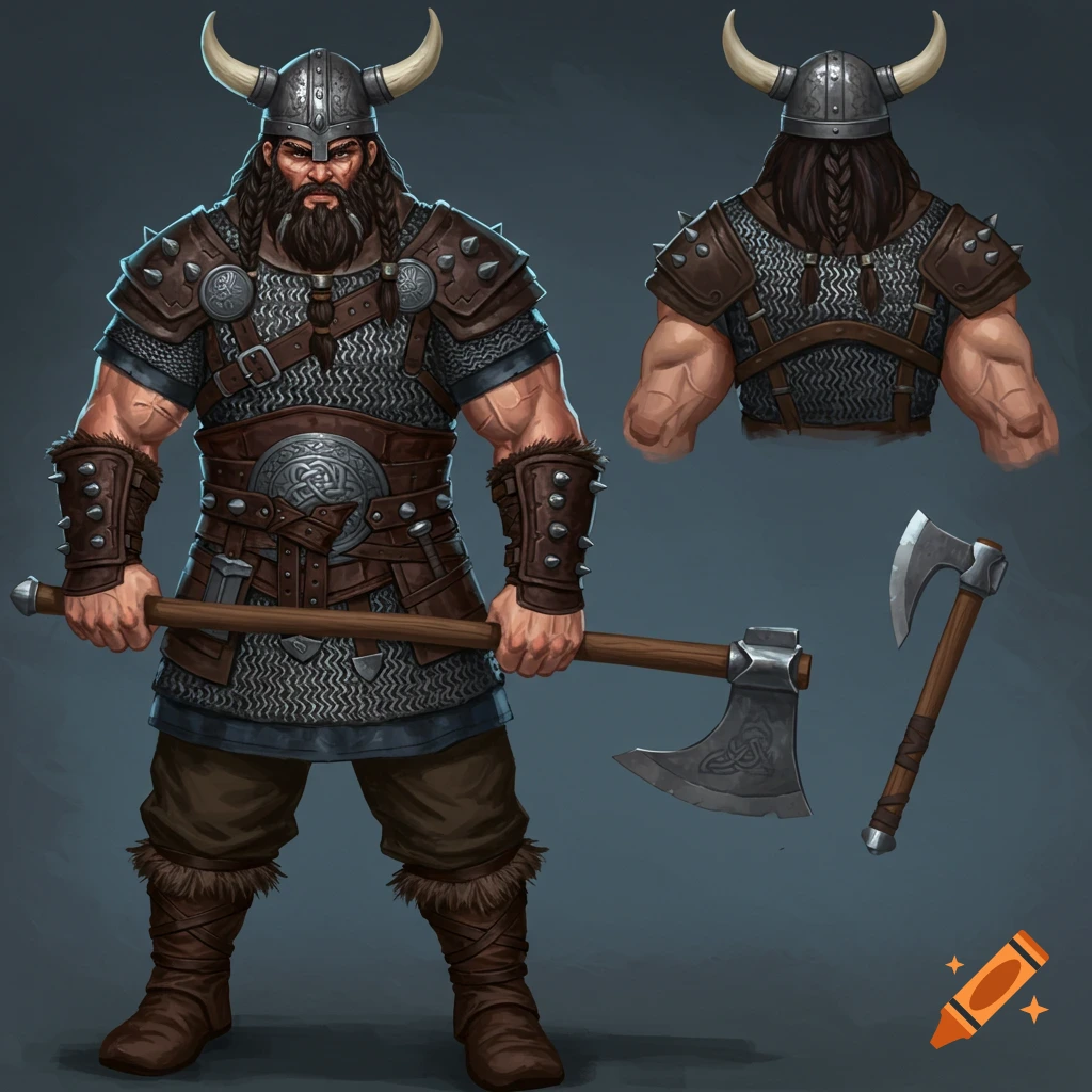 Digital illustration of a Viking warrior character sheet showing front ...