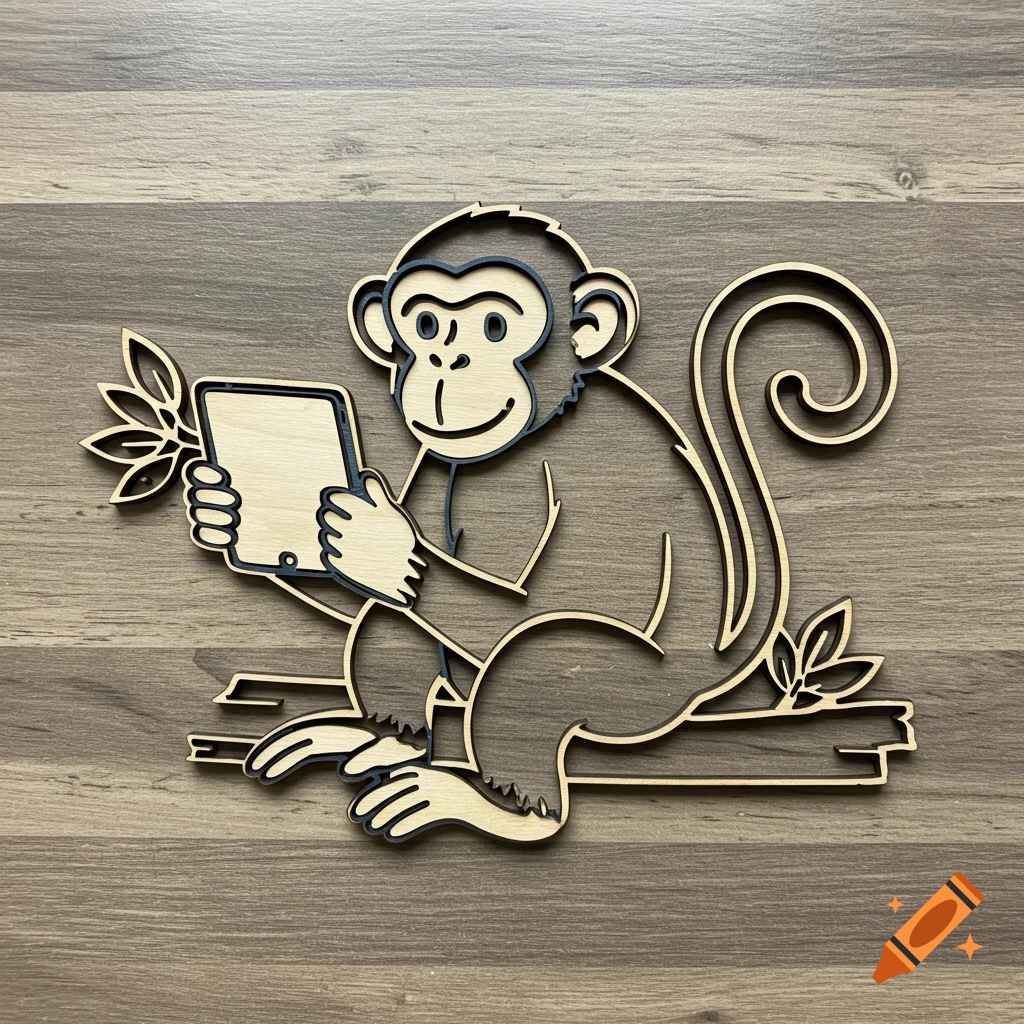 A monkey figure made of layered wood sits on a branch holding a tablet ...