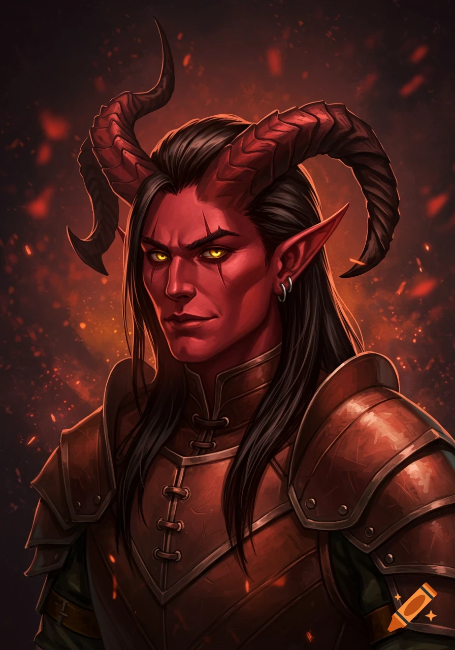 Portrait of a male Tiefling with red skin, cracked horns, yellow eyes ...