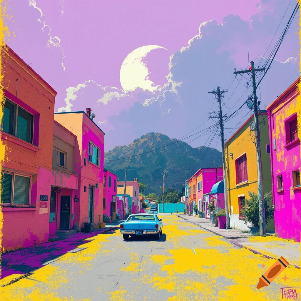 Vibrant stylized view down a street with colorful buildings, a car ...