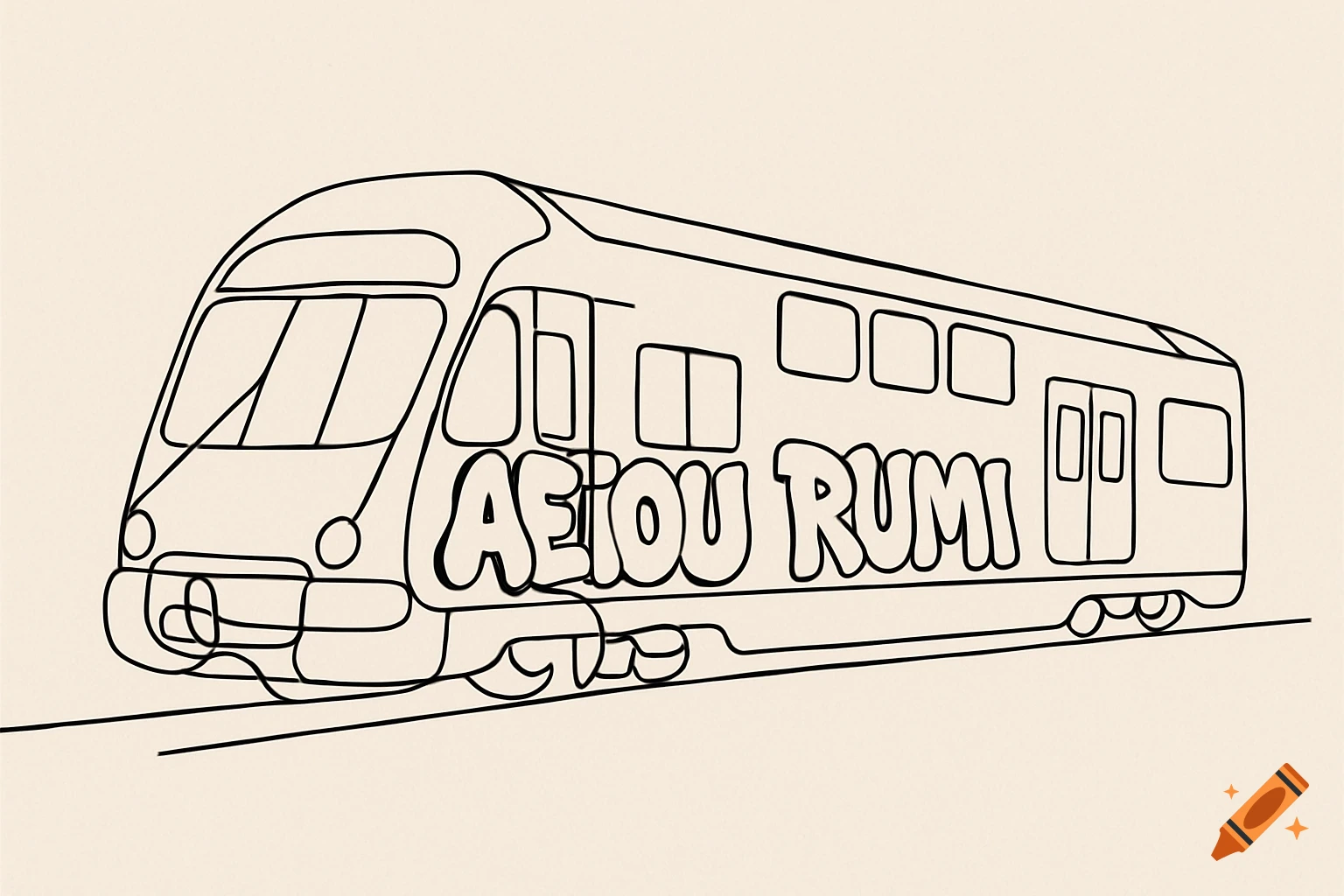 Line drawing of a train with AEIOU RUMI graffiti on Craiyon