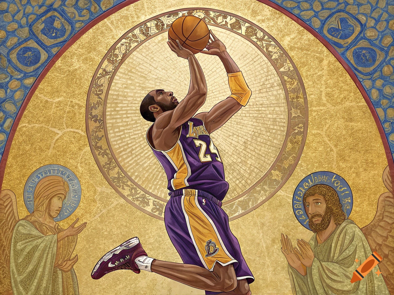Kobe Bryant shooting a fadeaway jumper in the style of Byzantine ...