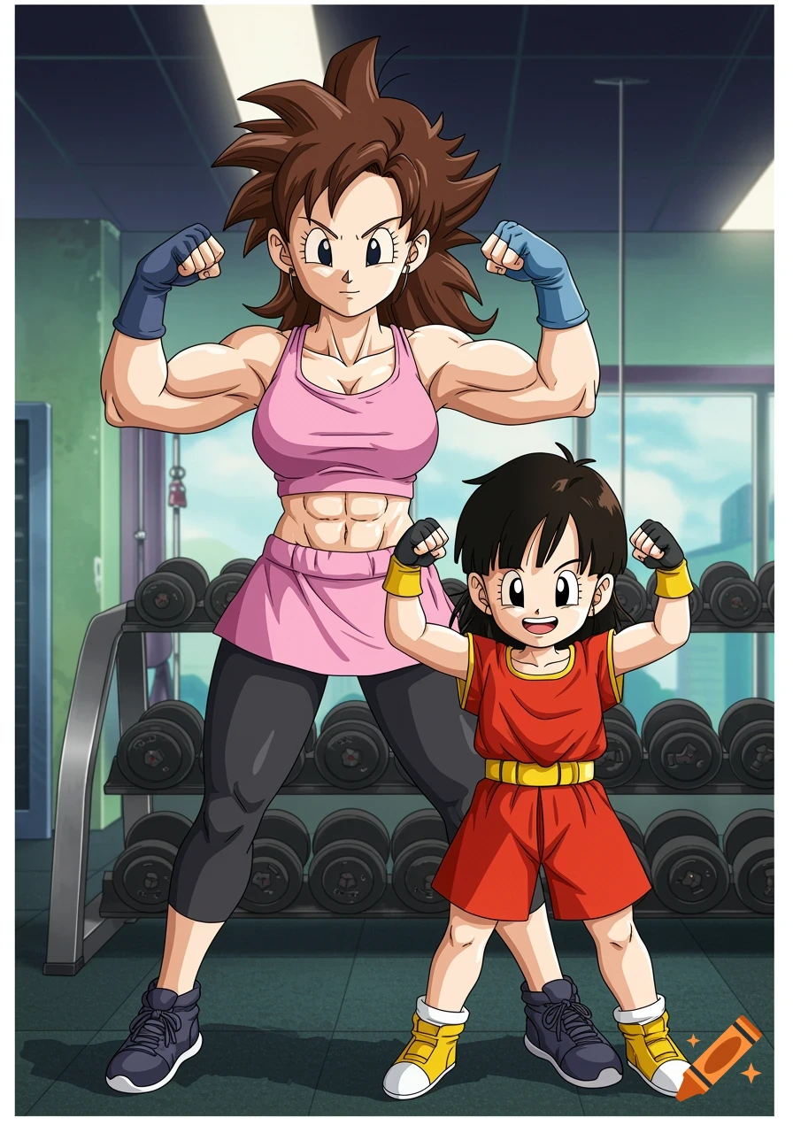Videl and Pan from Dragon Ball flex their muscles in an anime style at ...