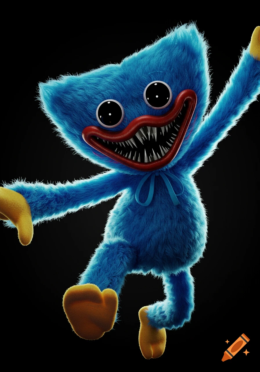 A blue fuzzy monster character with wide eyes and sharp teeth smiles ...
