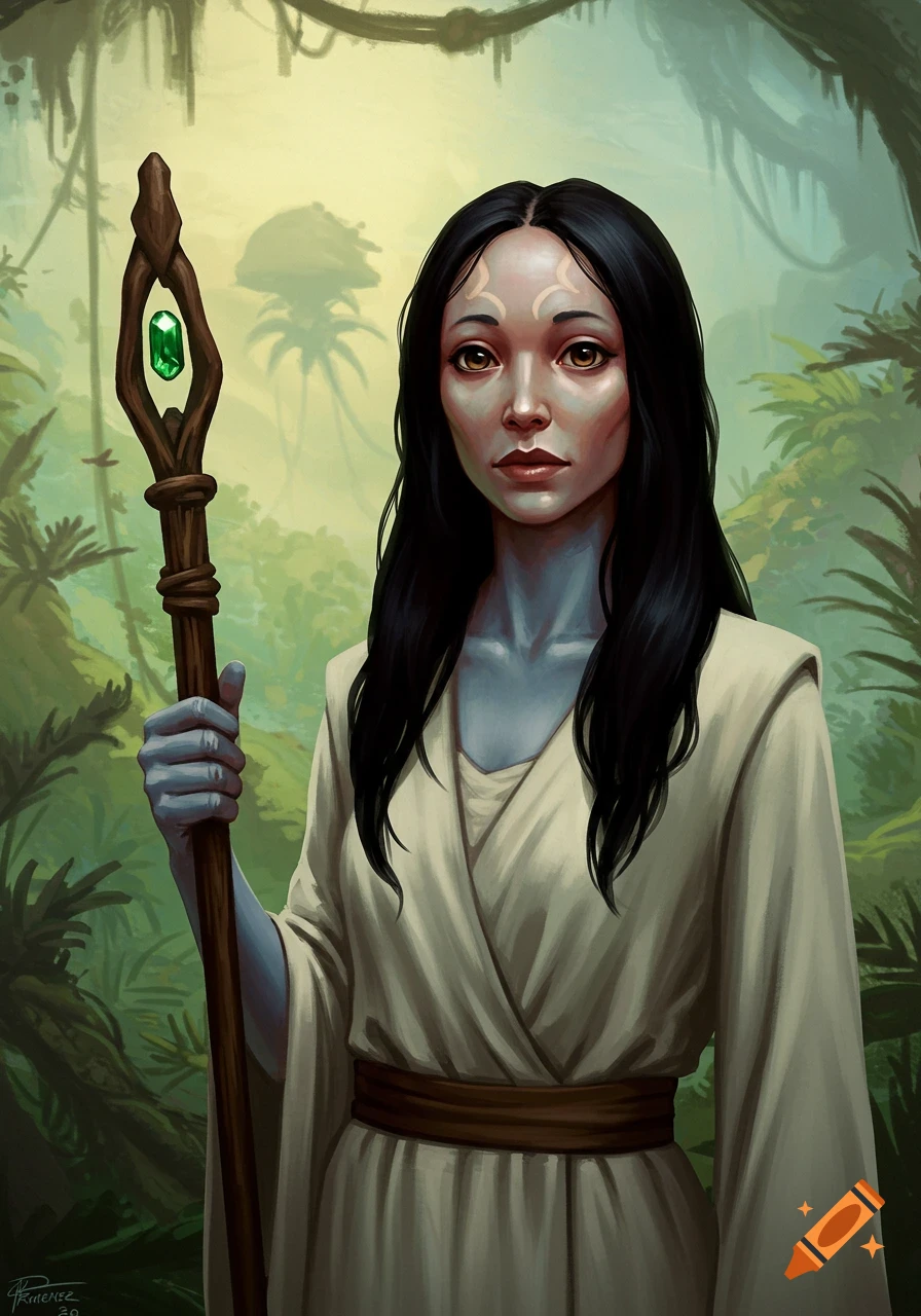 Portrait of a woman with blue skin holding a staff with a green gem in ...