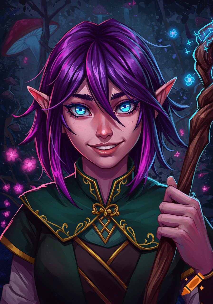 A portrait of an elf character with purple hair and glowing blue eyes ...