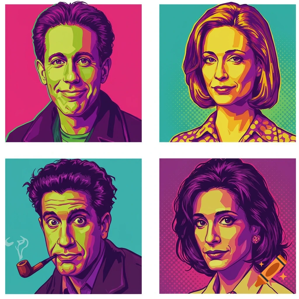 A 2x2 grid of pop art portraits of four people in bright, high-contrast ...
