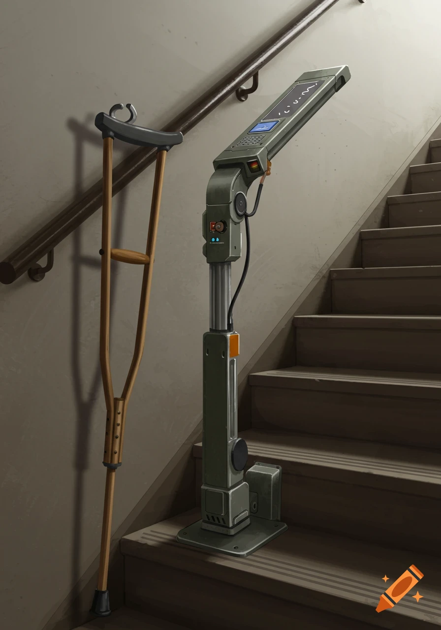 Illustration of a crutch and a futuristic stair-climbing device on a ...