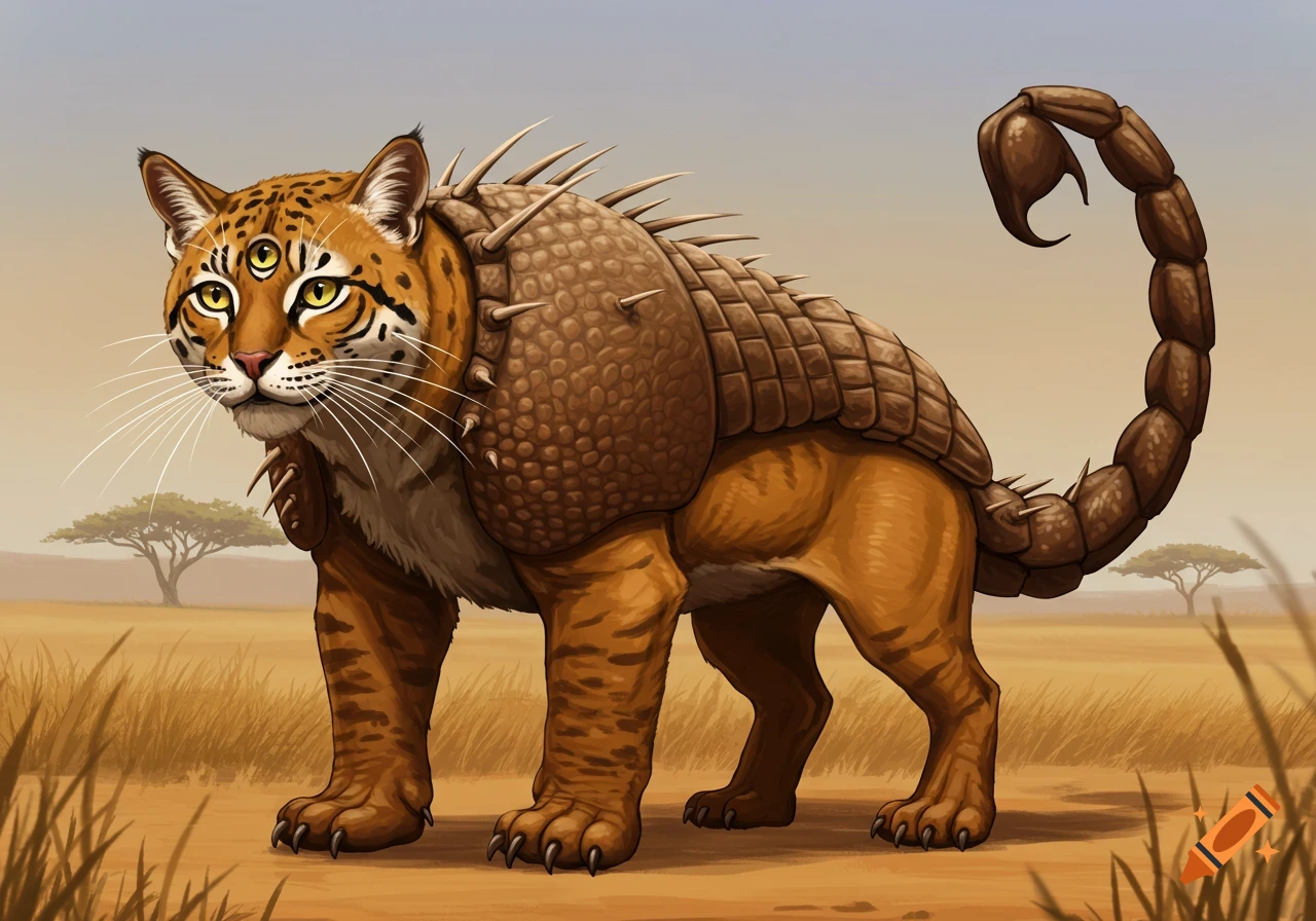 A fantasy creature hybrid with a cat head, three eyes, armadillo armor, porcupine quills ...