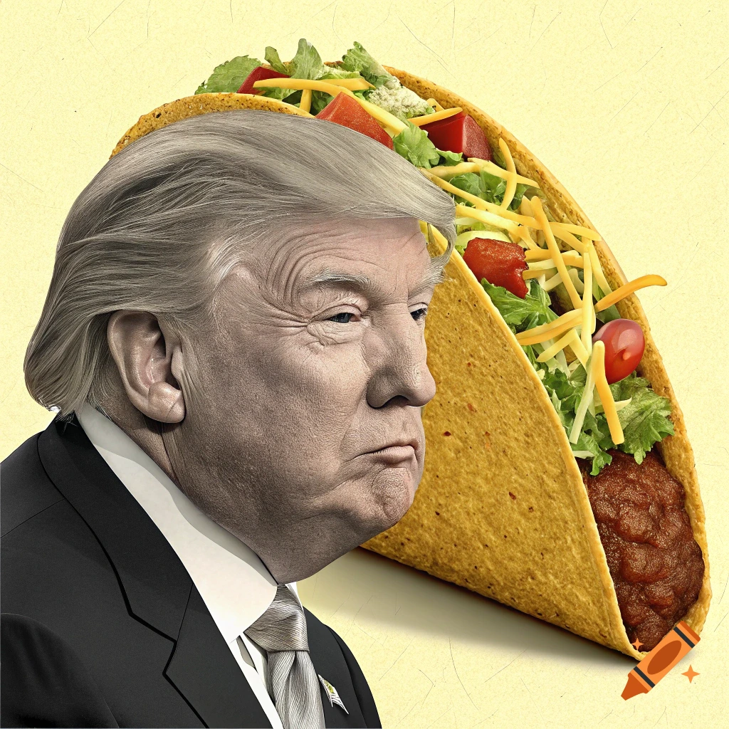 Photorealistic image of Donald Trump's face next to a large taco on Craiyon