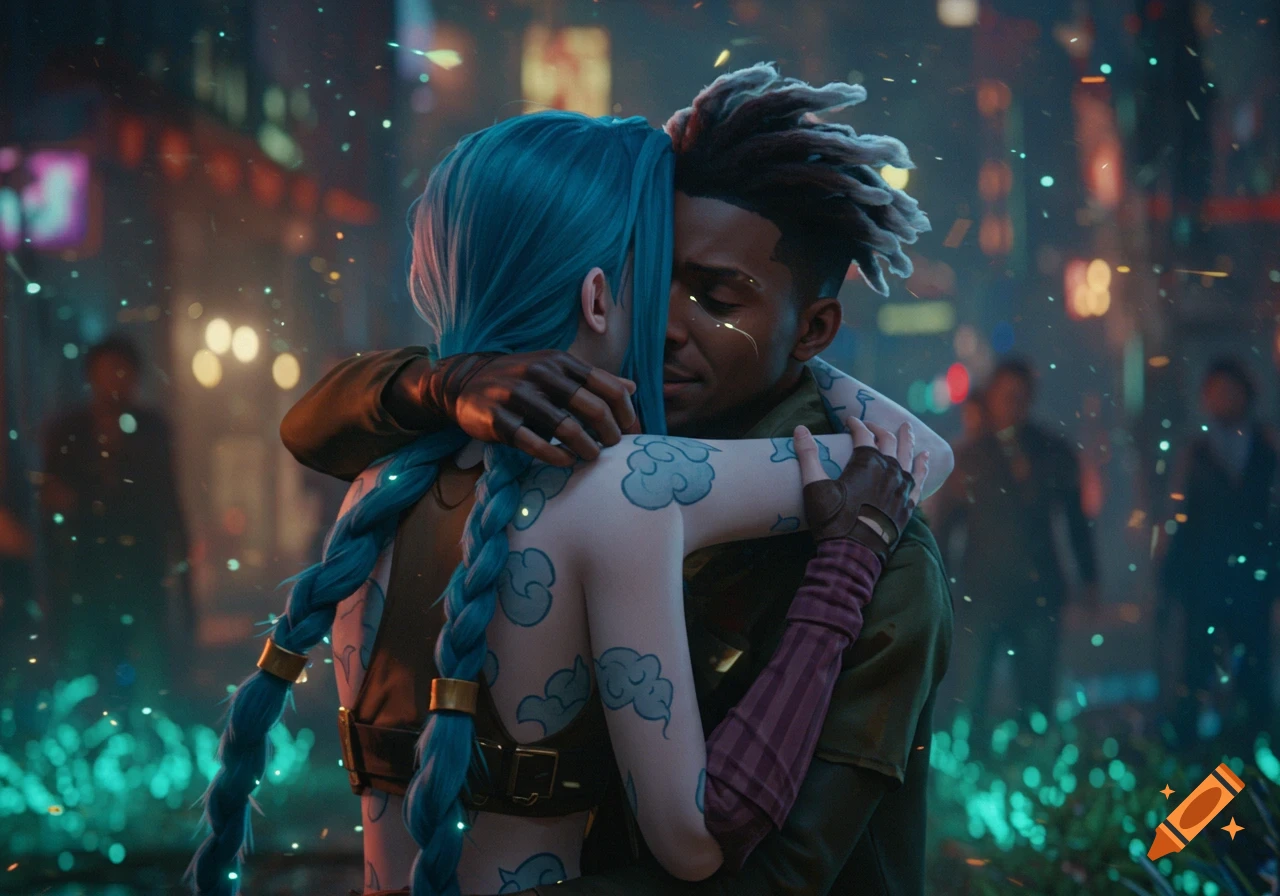 Jinx and Ekko from Arcane hugging in a city at night. on Craiyon