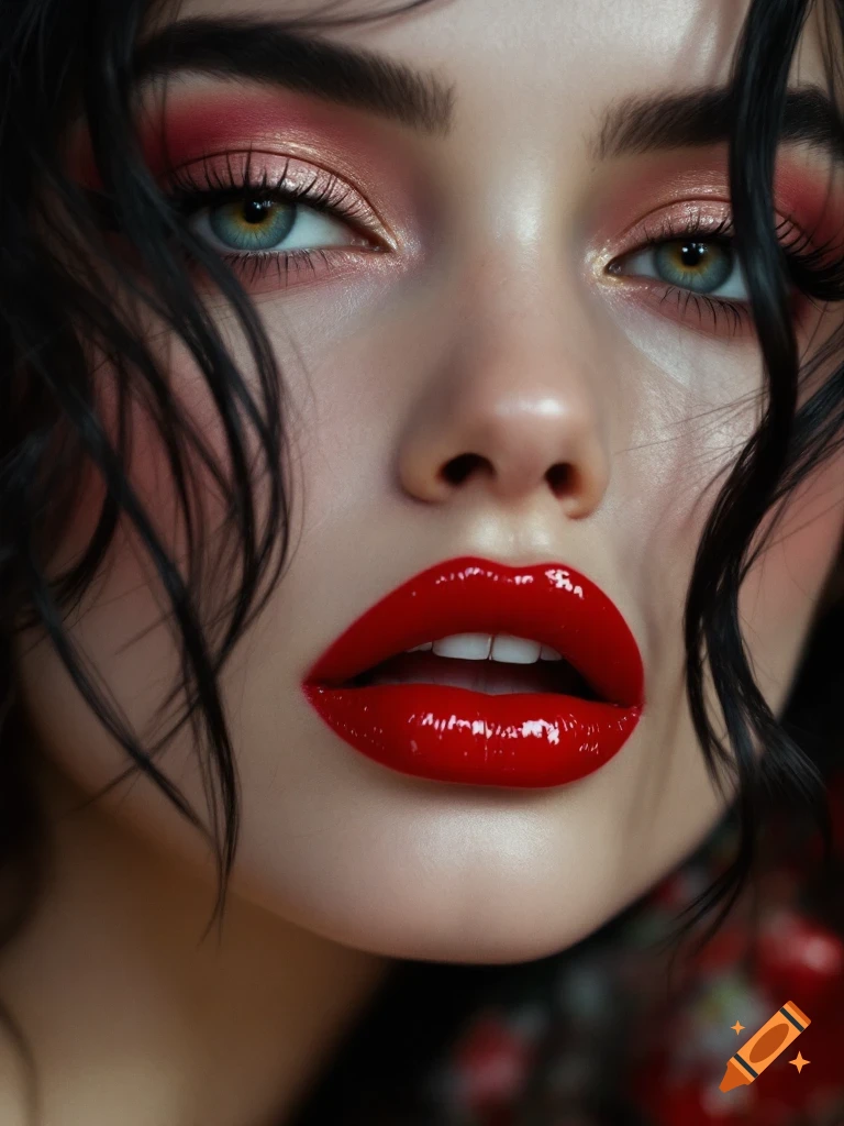 Close-up portrait of a woman with glossy red lips and dramatic eye ...