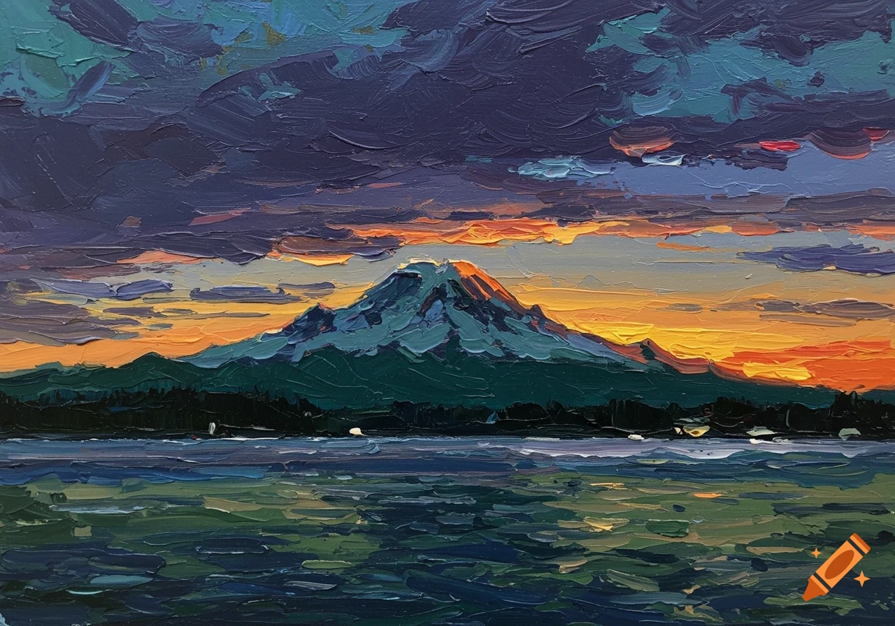 Expressionist painting of a mountain at sunrise reflected in water ...