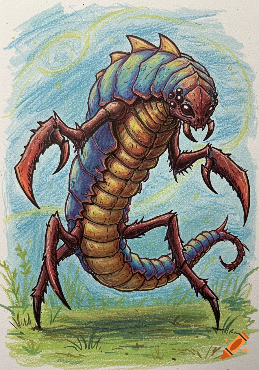 A colorful, segmented creature with multiple legs and claws, drawn in a ...