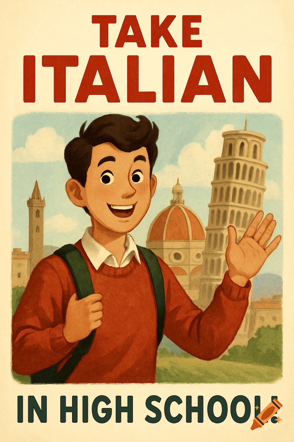 Illustration of a student in front of Italian landmarks, advertising ...