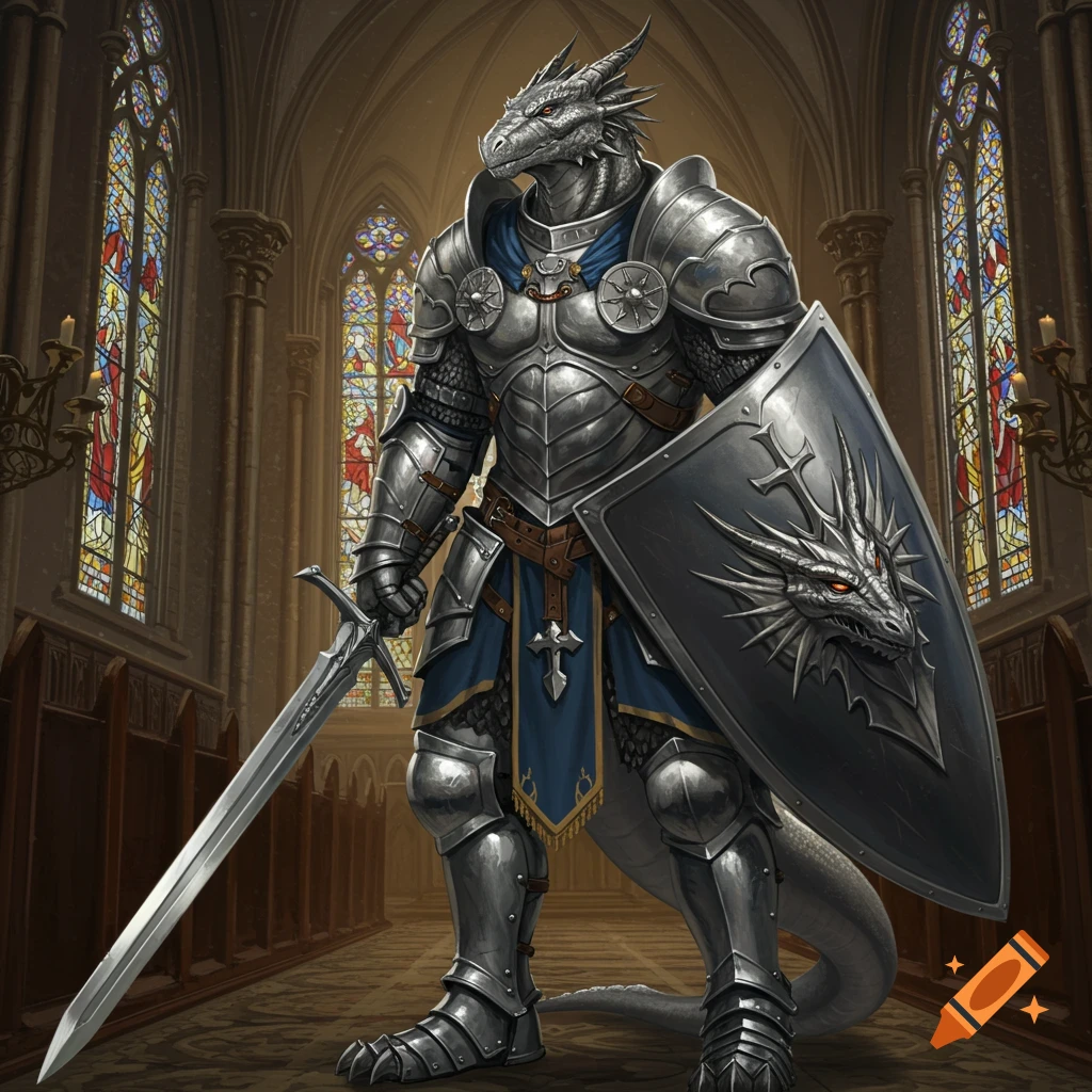 Silver dragonborn paladin in full plate armor standing in a church on Craiyon