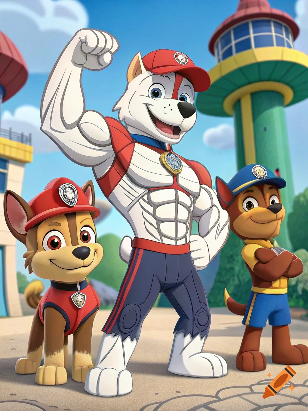 Three cartoon dogs, two Paw Patrol pups and one large muscular dog ...