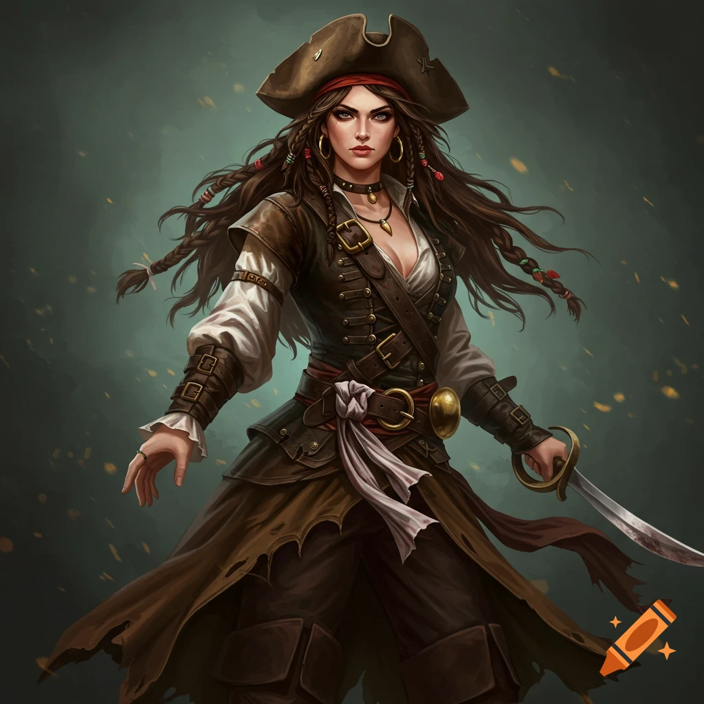 A fantasy painting of a fierce female pirate with a sword. on Craiyon